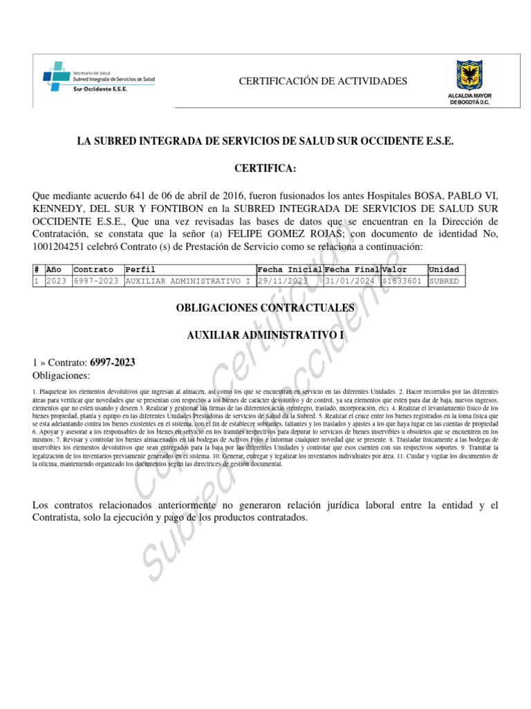 Certificación de Contrato en Subred Sur | PDF