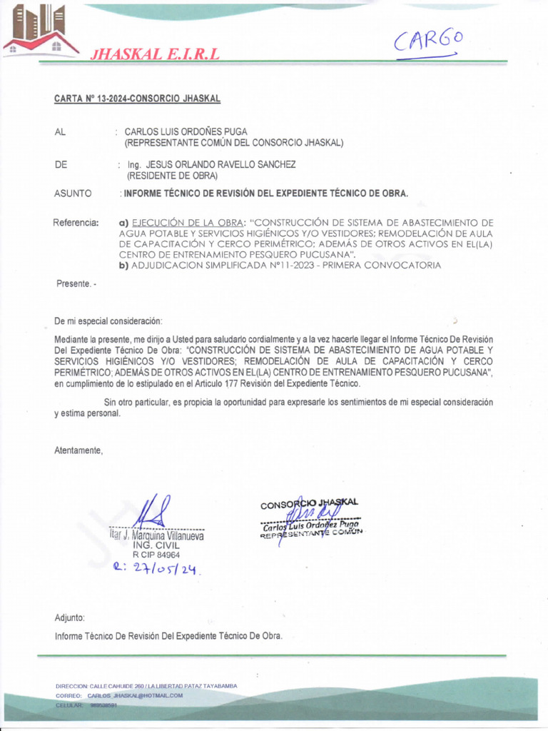 Carta N°13-Informe Técnico De Revisión Del Expediente Técnico | PDF