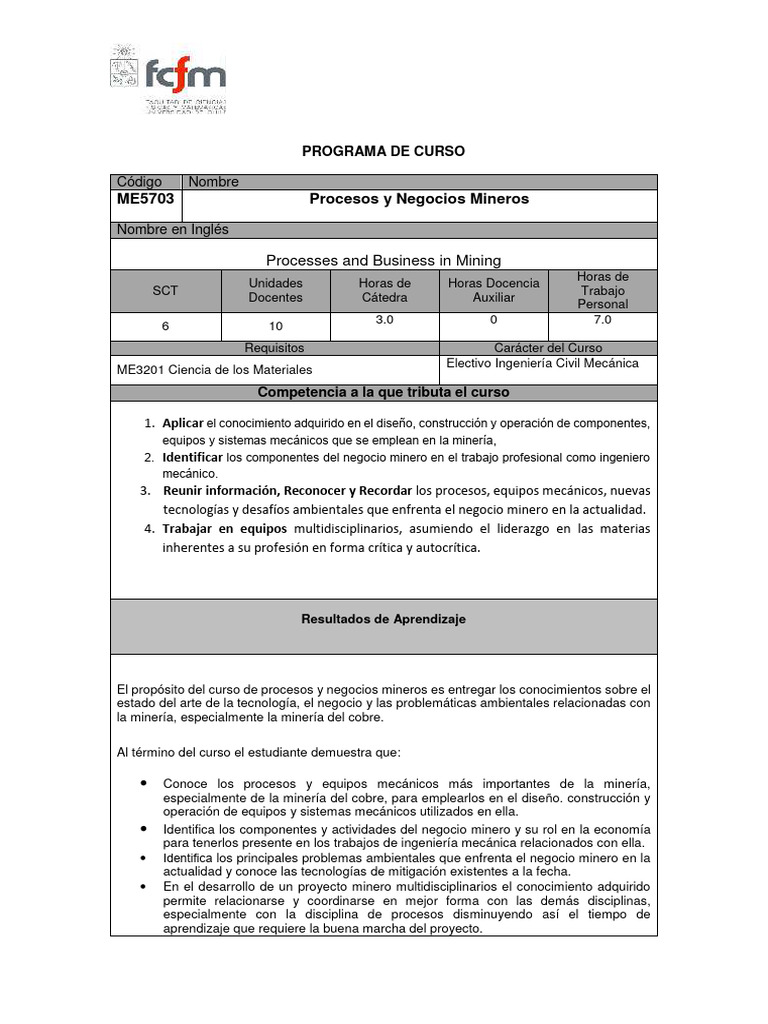 Programa de Curso Procesos y Negocios Mineros | PDF | Minería ...
