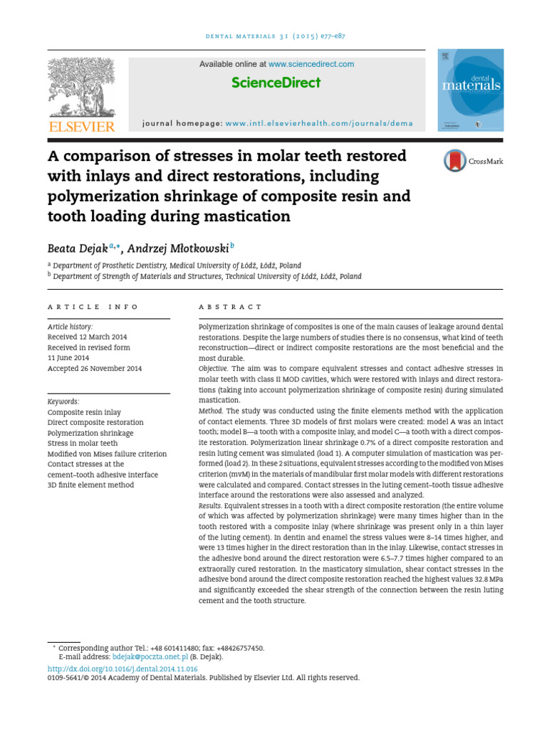 A Comparison Of Stresses In Molar Teeth Restored Pdf Dental Composite Dental Material