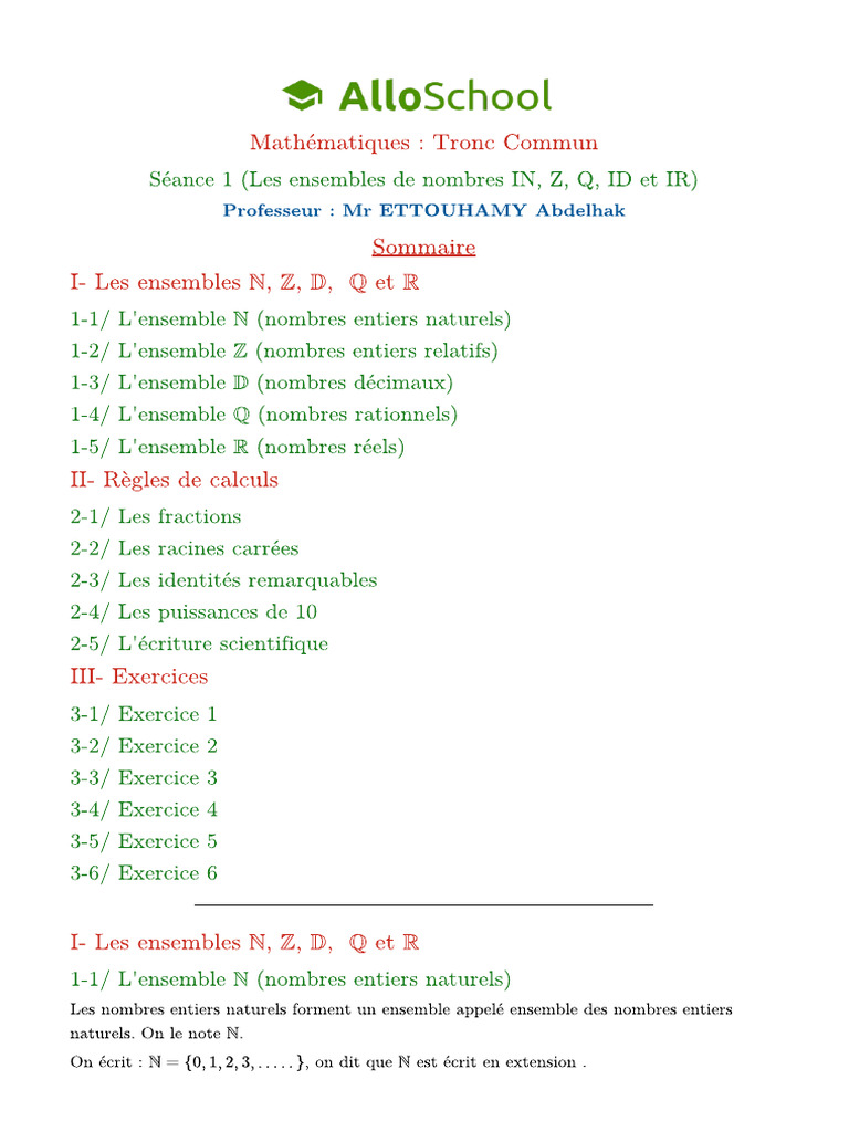 Seance 1 Les Ensembles de Nombres in Z Q Id Et Ir 2 | PDF
