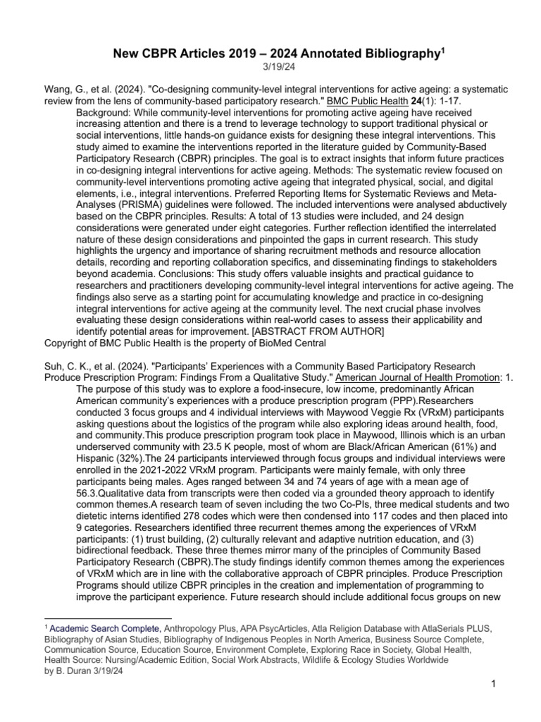 New CBPR Articles 2019 - 2024 Annotated Bibliography 2 | Download Free PDF | Systematic Review ...