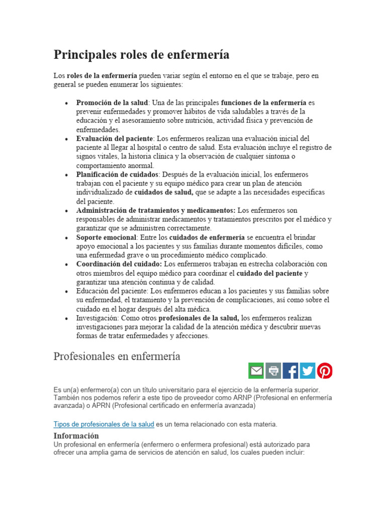 Principales Roles de Enfermería | PDF | Enfermería | Historial médico