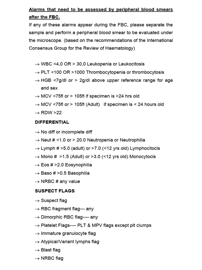 FBC Alarm Criteria for Blood Smears | PDF