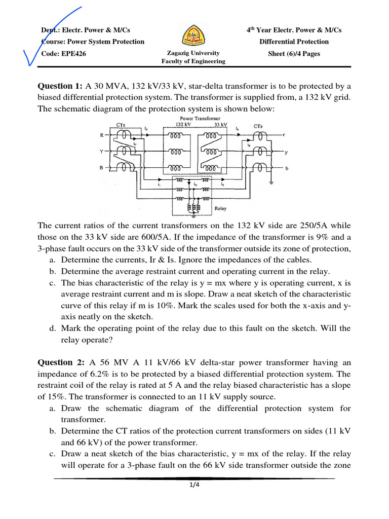 Sheet (6) Differential Protection | PDF | Transformer | Physical Quantities