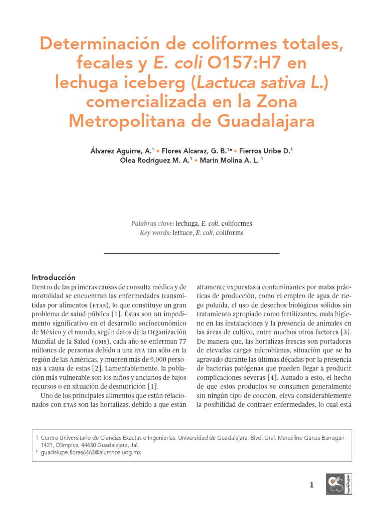 Determinación de Coliformes Totales, Fecales y E. Coli en Lechuga | PDF ...