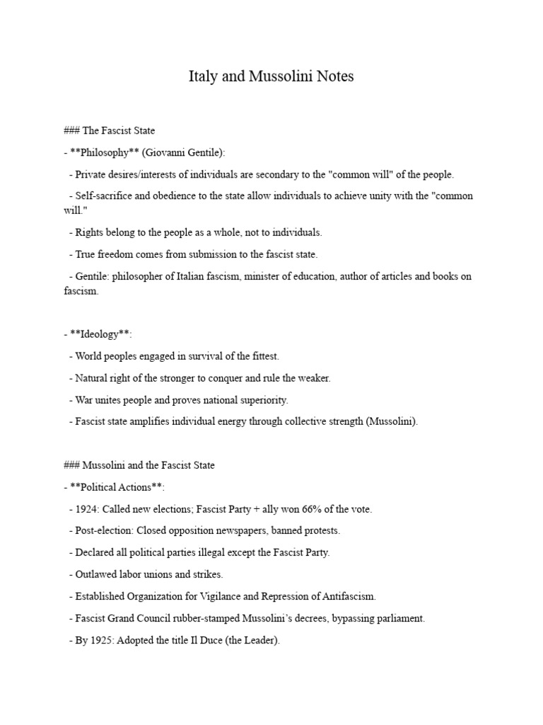 Italy and Mussolini Notes | PDF | Benito Mussolini | Fascism