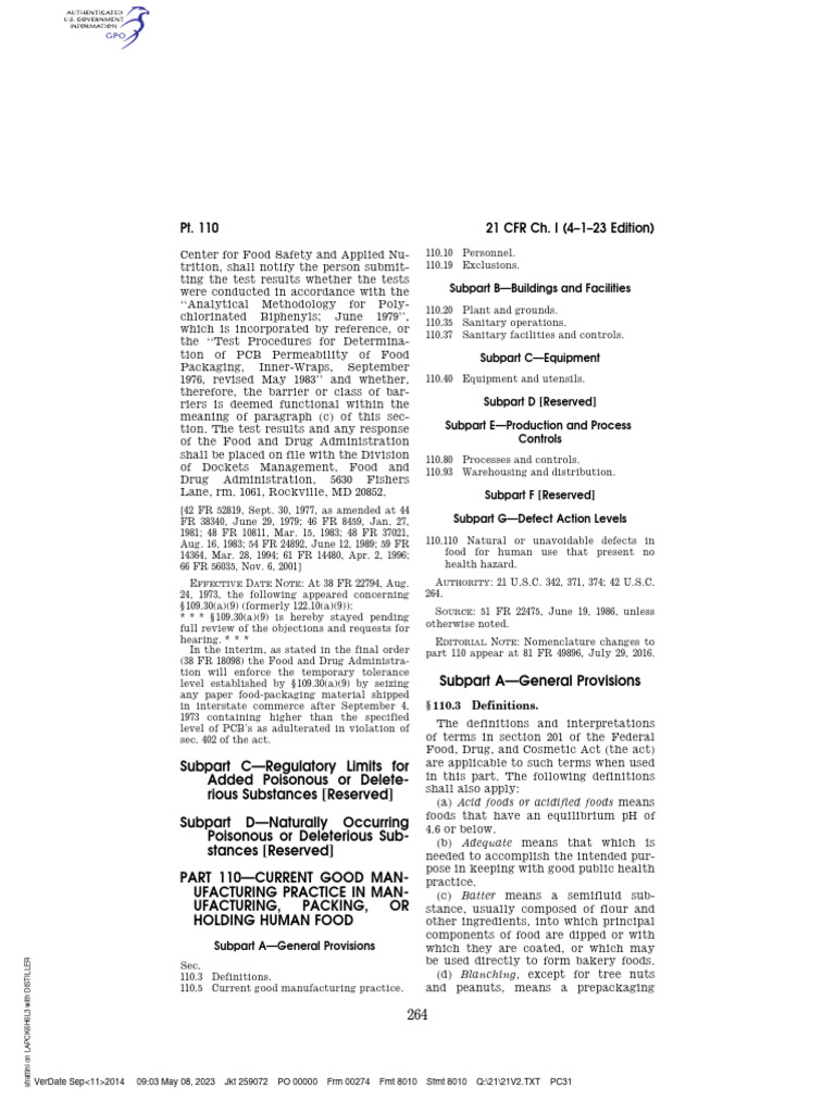 CFR 2023 Title21 Vol2 Part110 | PDF | Hygiene | Sanitation