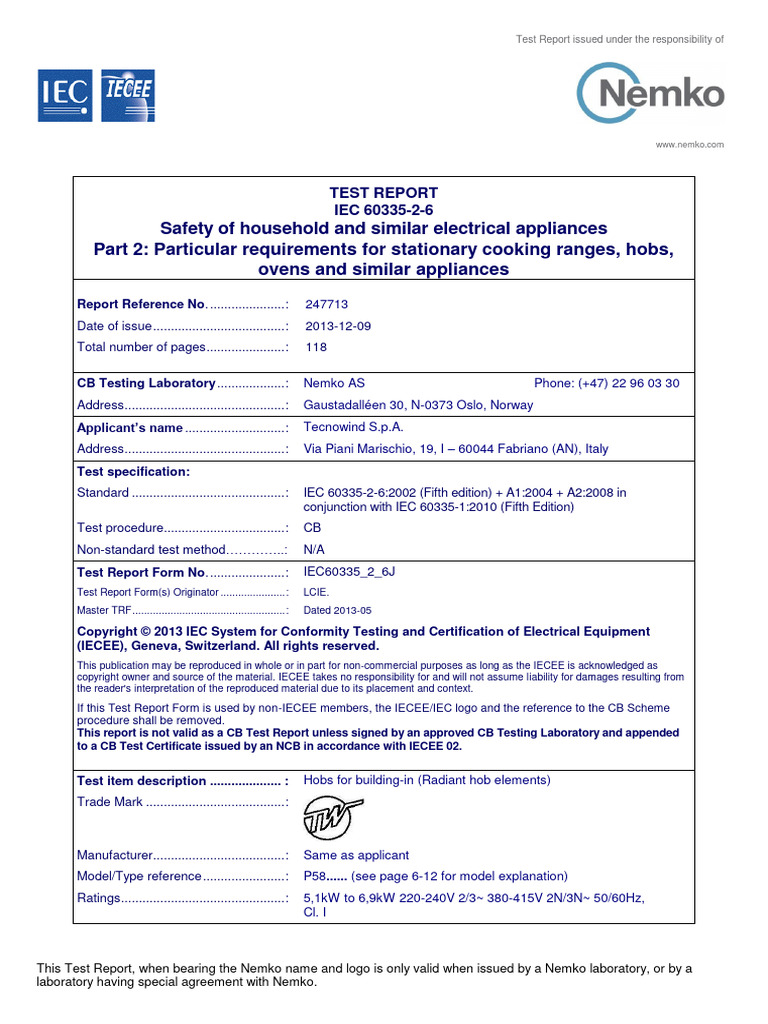 Test Report Iec 60335-2-6 | PDF | Mains Electricity | Kitchen Stove