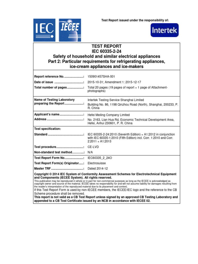 Test Report Iec 60335-2-24 | PDF | Refrigerator | Insulator (Electricity)