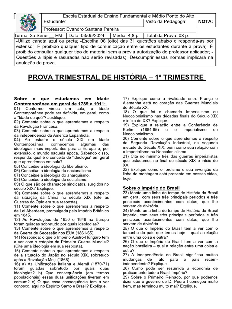 Prova História - 3as Séries - 1o Tri - 2024 | PDF | Brasil | Imperialismo