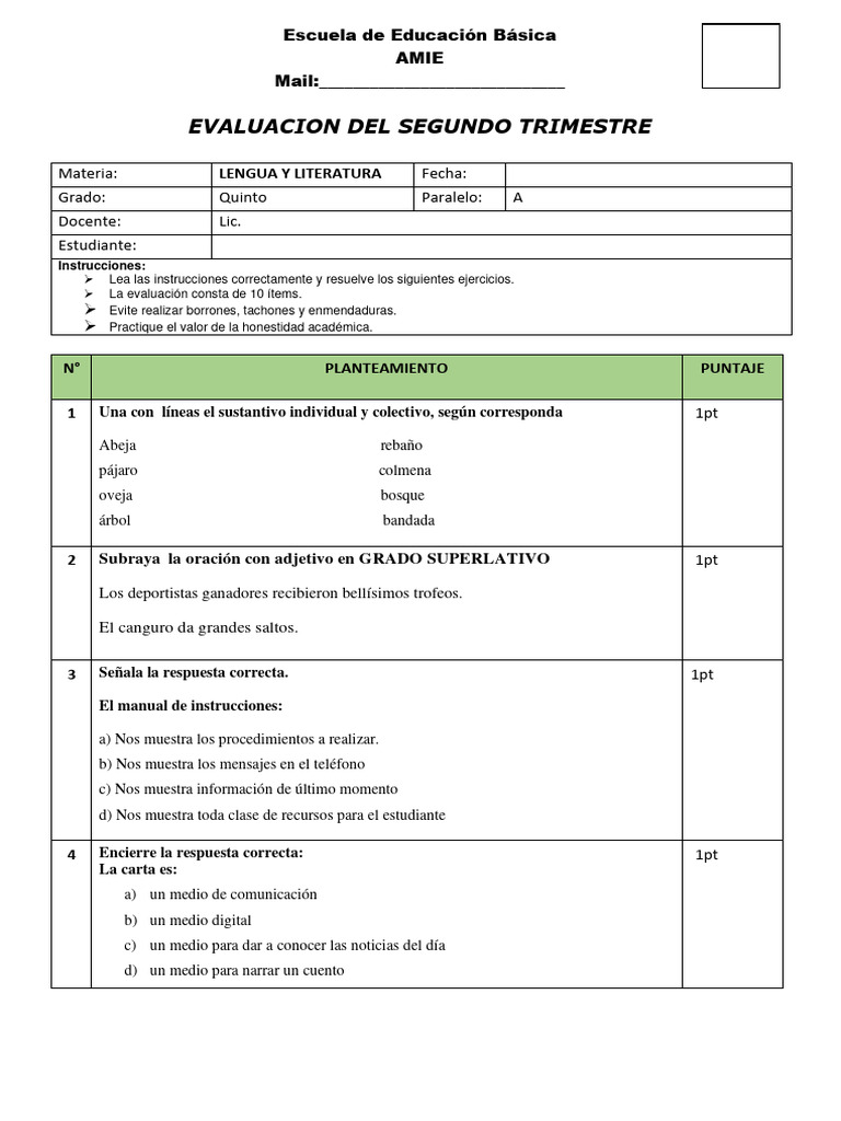 Eval Lenguaje 2do Trim 5to | PDF