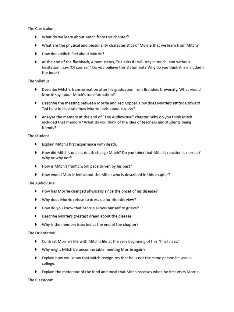 Questions For Tuesdays With Morrie | PDF
