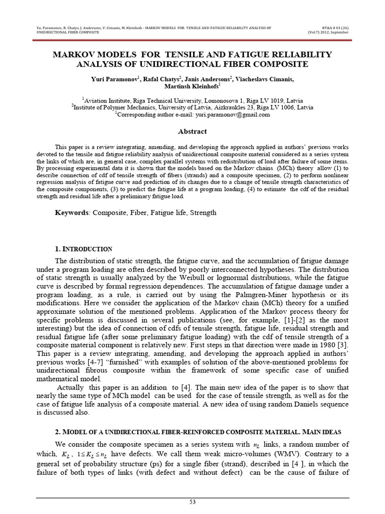 Markov Models For Tensile and Fatigue Reliability Analysis of Unidirectional Fiber Composite ...
