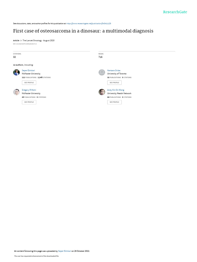 First Case of Osteosarcoma in A Dinosaur | PDF | Pathology | Biopsy