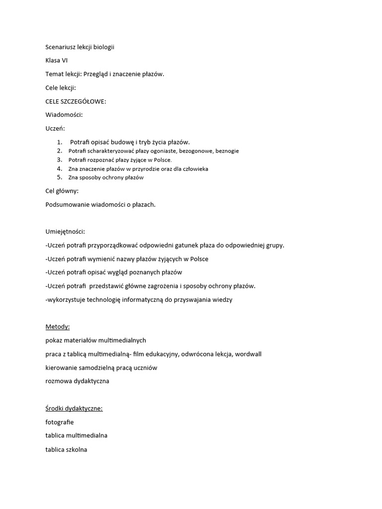 Scenariusz Lekcji Biologii Klasa 6 | PDF