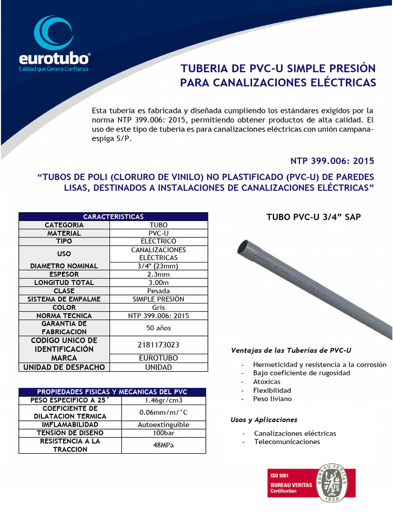 Tubo PVC-U 3/4" para Canalizaciones Eléctricas | PDF | Tubería (transporte de fluidos ...