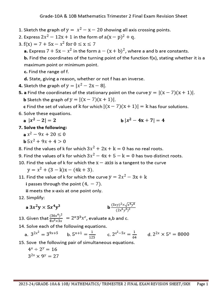 Grade-10A & 10B Trimester-2 Final Exam Revision Sheet | PDF | Equations ...