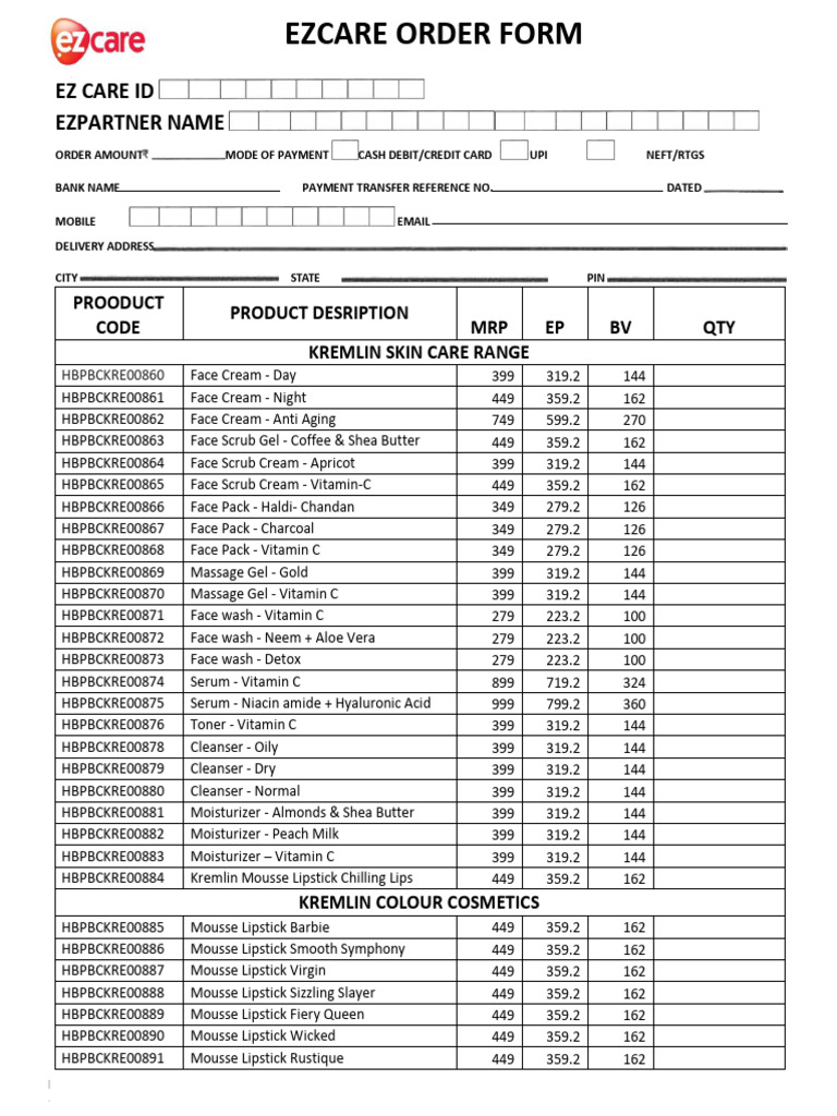 Ezcare Order Form | PDF | Tablet (Pharmacy) | Beauty
