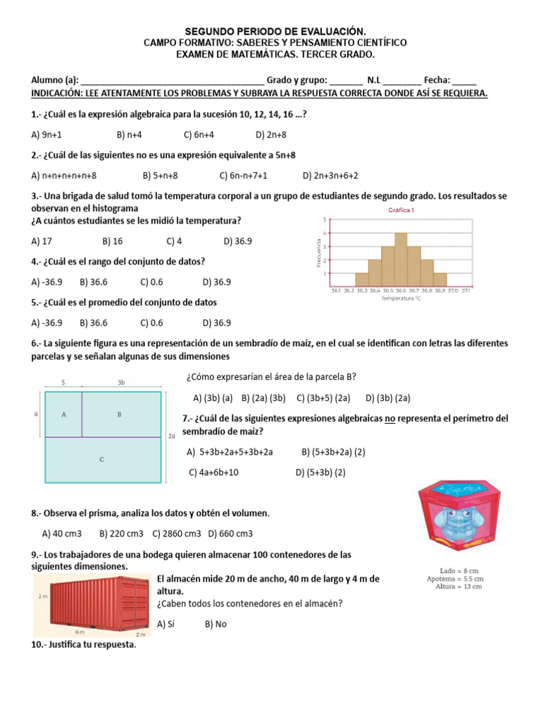 Examen Matemáticas 3er Grado | PDF | Matemáticas