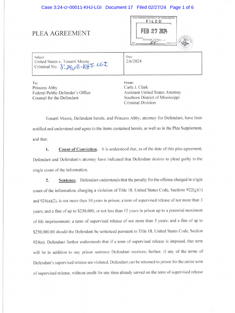 Tonarri Moore Plea Agreement | PDF | Law