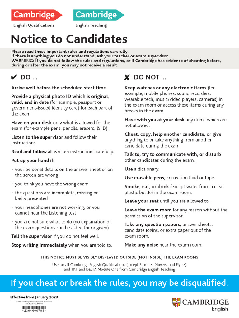 Cambridge Assessment English - Notice To Candidates | PDF