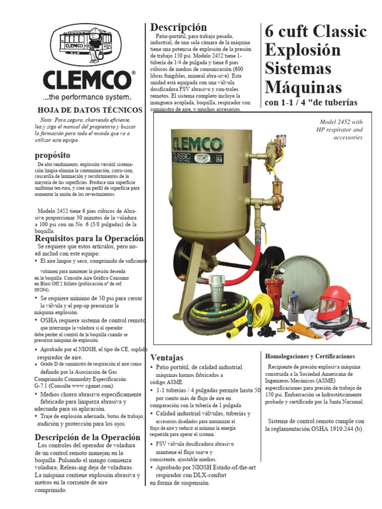 Olla de Sandblast Clemco 2452 Ficha Técnica | PDF | Ingeniería mecánica | Tecnologías de gas