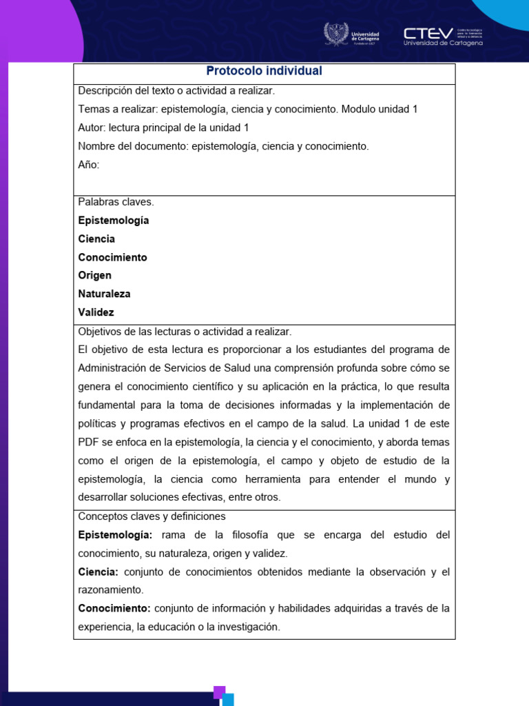 PROTOCOLO INDIVIDUAL 1 | PDF | Conocimiento | Science