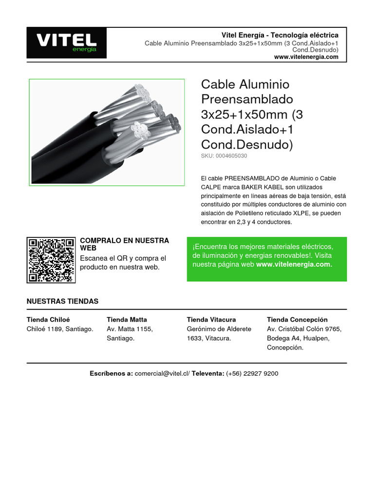 Cable Aluminio Preensamblado 3x25+1x50mm (3 Cond - Aislado+1 Cond ...