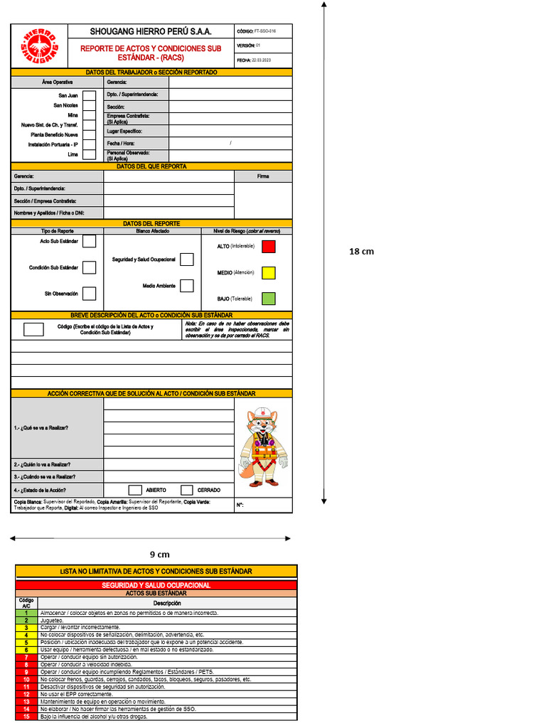 FT-SSO-016 Formato RACS Reporte de Actos y Condiciones Sub Estandar v01 - SHP | PDF | Residuos ...