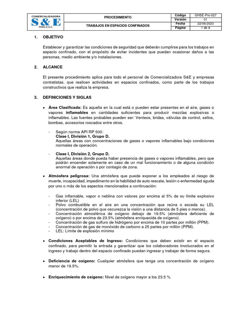 GHSE-Pro-027 - V01 Espacios Confinados | PDF | Oxígeno | Atmósfera