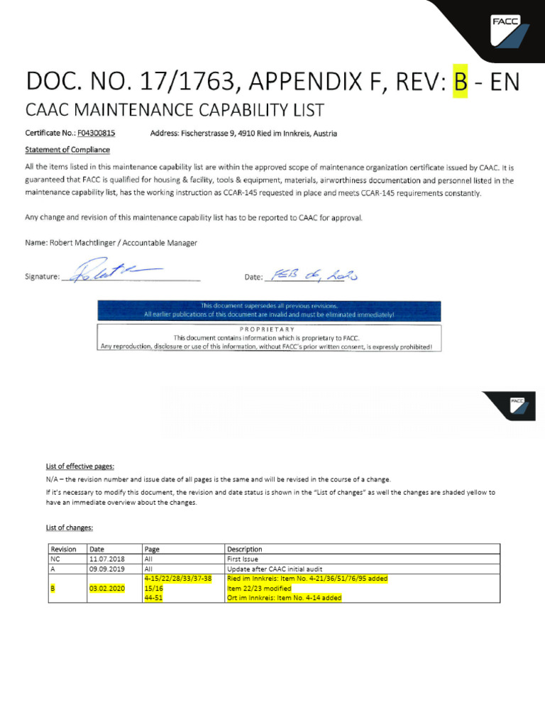 SPC - 17-1763 - AppF - REV - B - CAAC Maintenance Capability List - EN - Signed | PDF | Jet ...