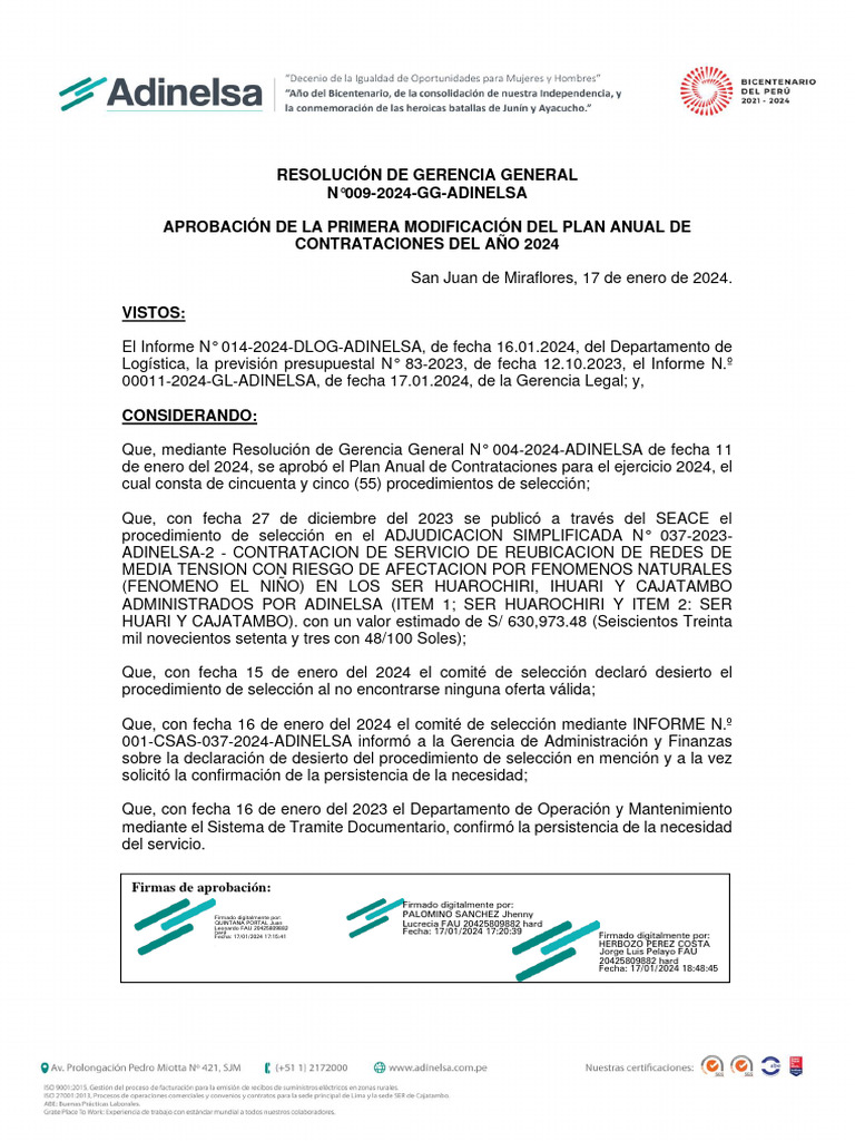 I - Resolucion - N - 00009-2024-Gg-Adinelsa - Aprobación de La Primera ...