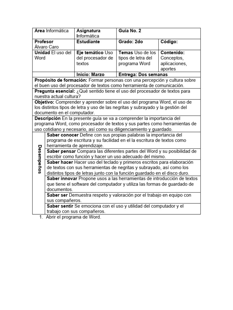 Guía Metacognitiva 2 Ciclo II Grado 3° Uso Inicial Del Programa Word | PDF | Programa de ...