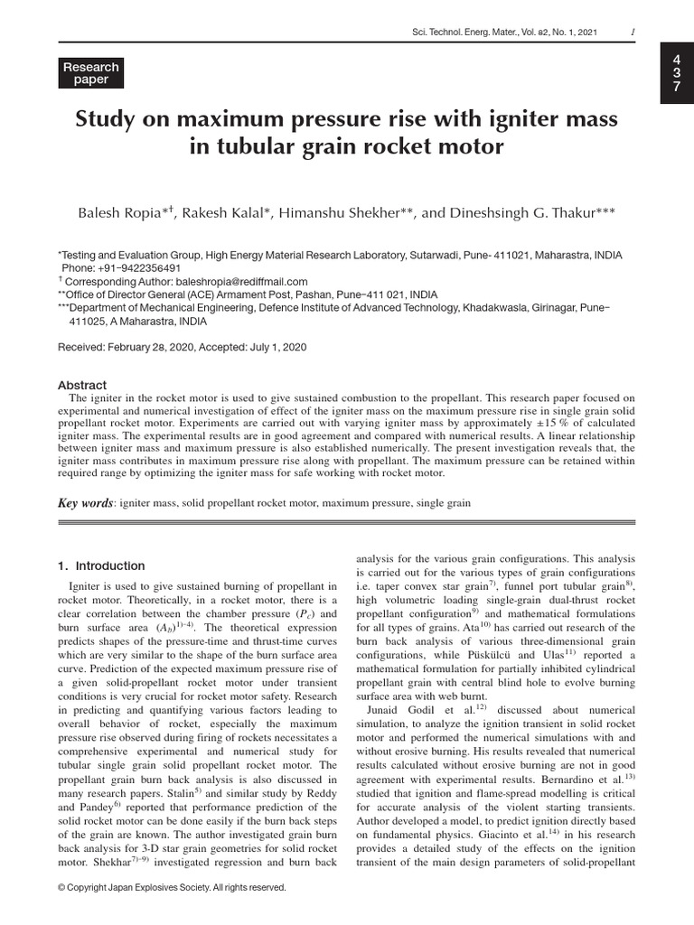 Study On Maximum Pressure Rise With Igniter Mass in Tubular Grain Rocket Motor | PDF | Rocket ...