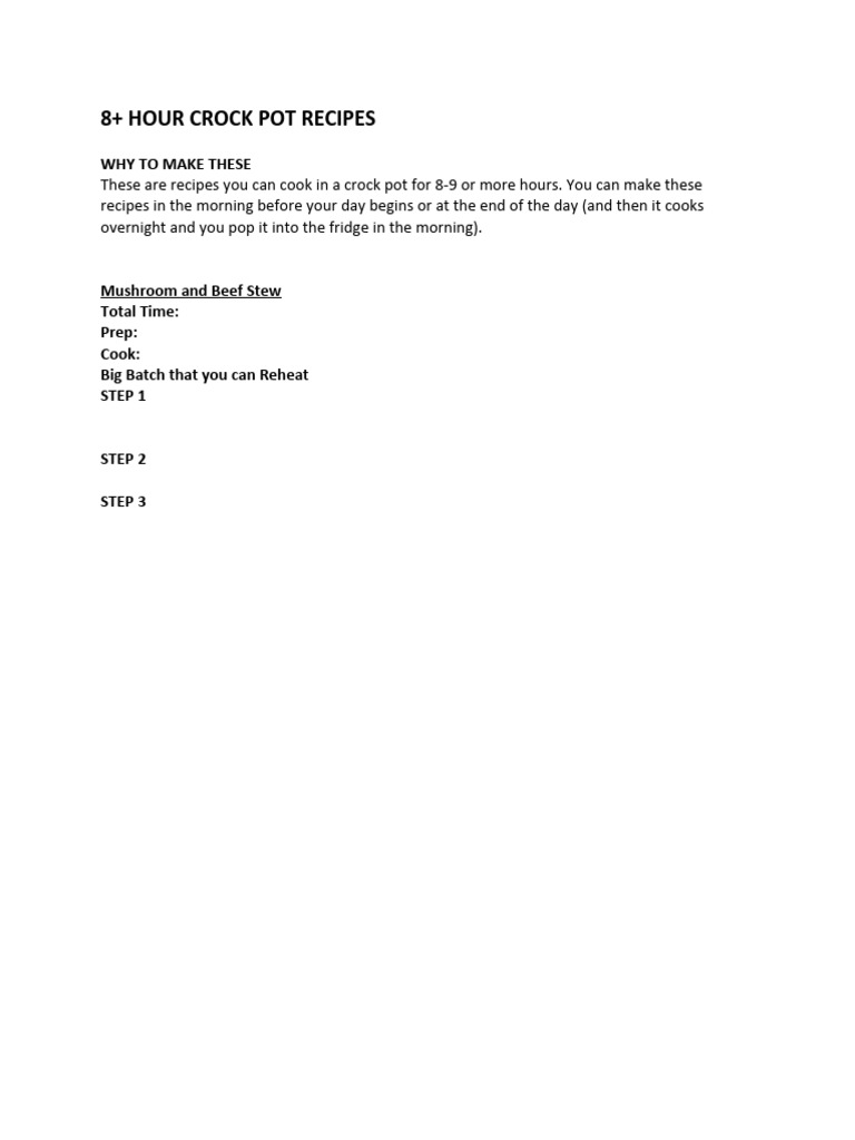 8+ Hour Crock Pot Recipes | PDF | Cooking, Food & Wine | Home & Garden