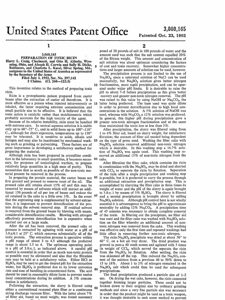 US3060165 Toxic Ricin | PDF | Filtration | Mill (Grinding)