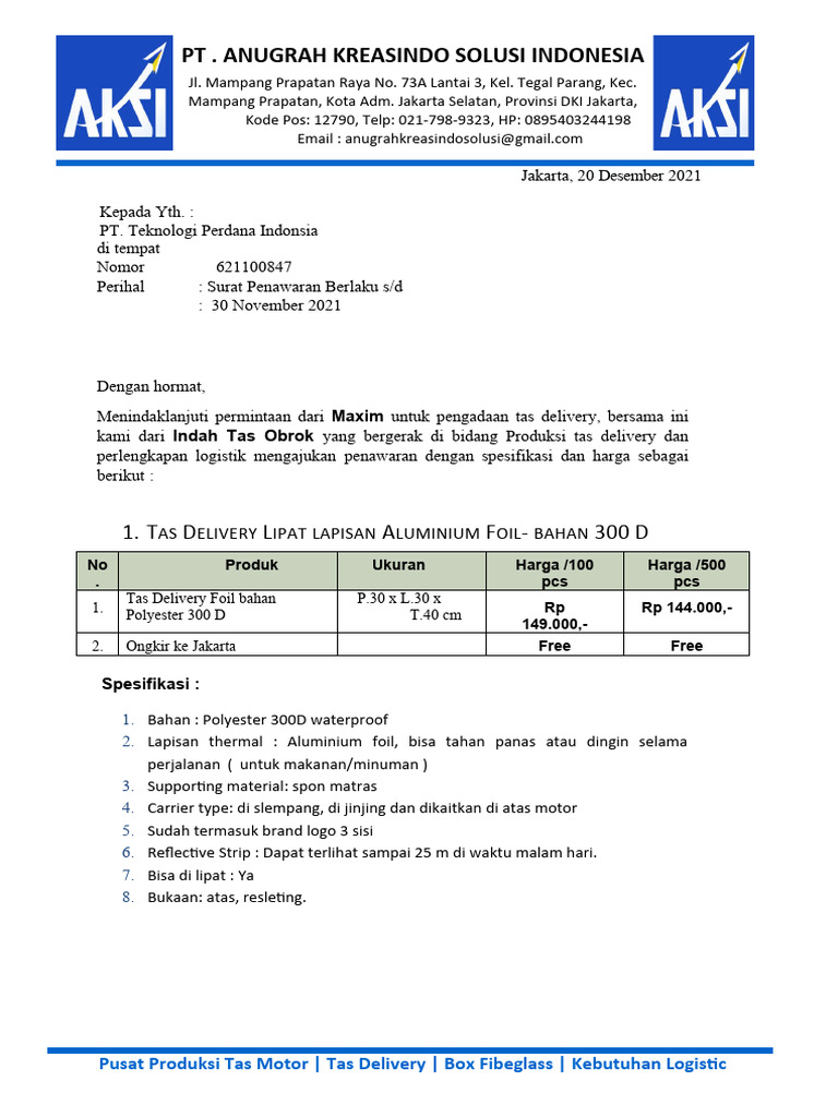 KOP Surat PT. Anugrah Kreasindo Solusi Indonesia | PDF