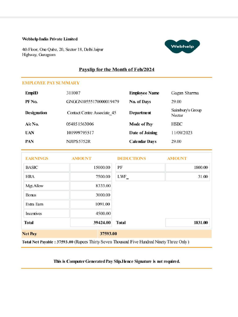 Payslip Feb 2024 1 | PDF