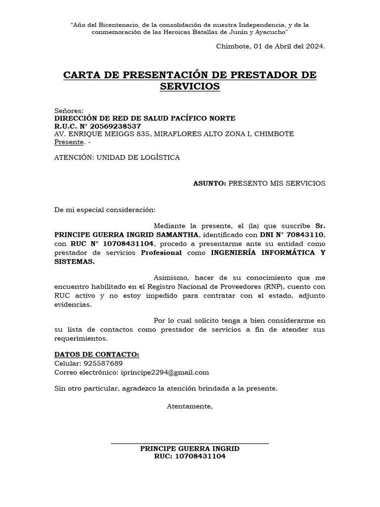 EJEMPLO FORMATO CARTA DE PRESENTACION PRESTADOR DE SERVICIOS | PDF
