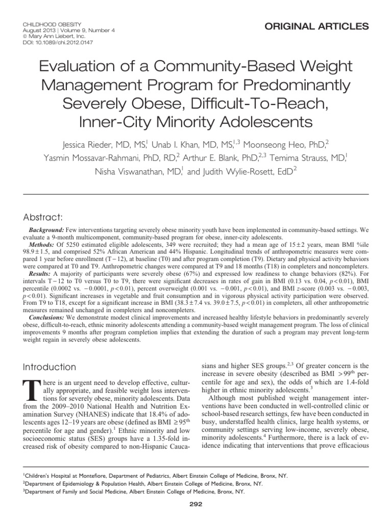 Evaluation of A Community-Based Weight Management Program For | Download Free PDF | Obesity ...