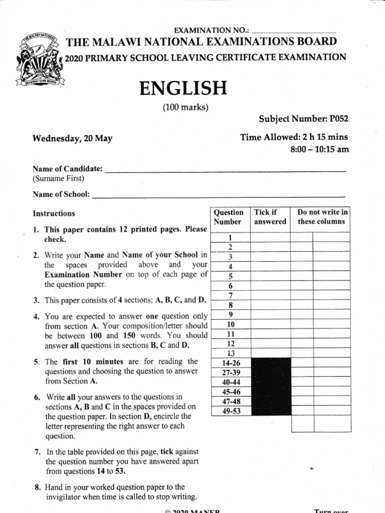 Maneb Malawi Psle Past Papers Pdf Download