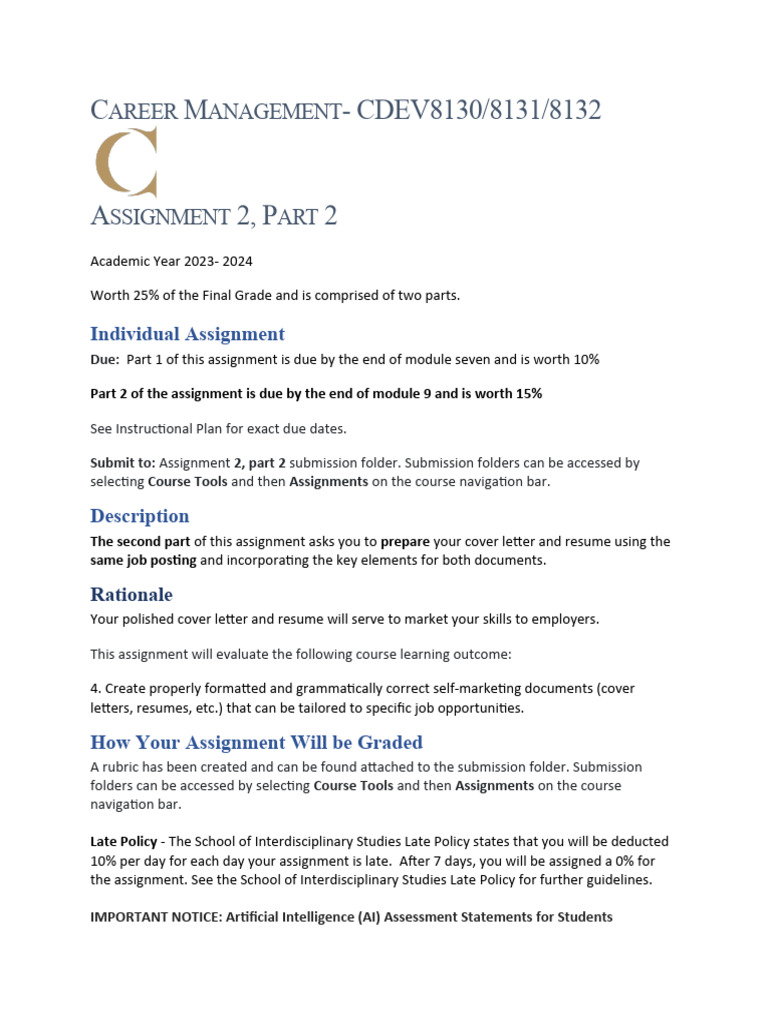 CDEV8130 Career Management Assignment 2 - Part 2 My Cover Letter and Resume | PDF | Résumé ...