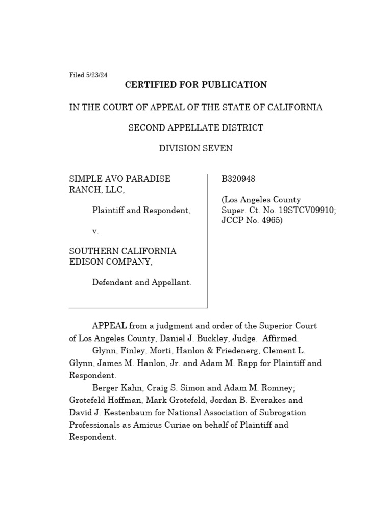 Simple Avo Paradise Ranch, LLC v. So. Cal. Edison Co., No. B320948 (Cal ...