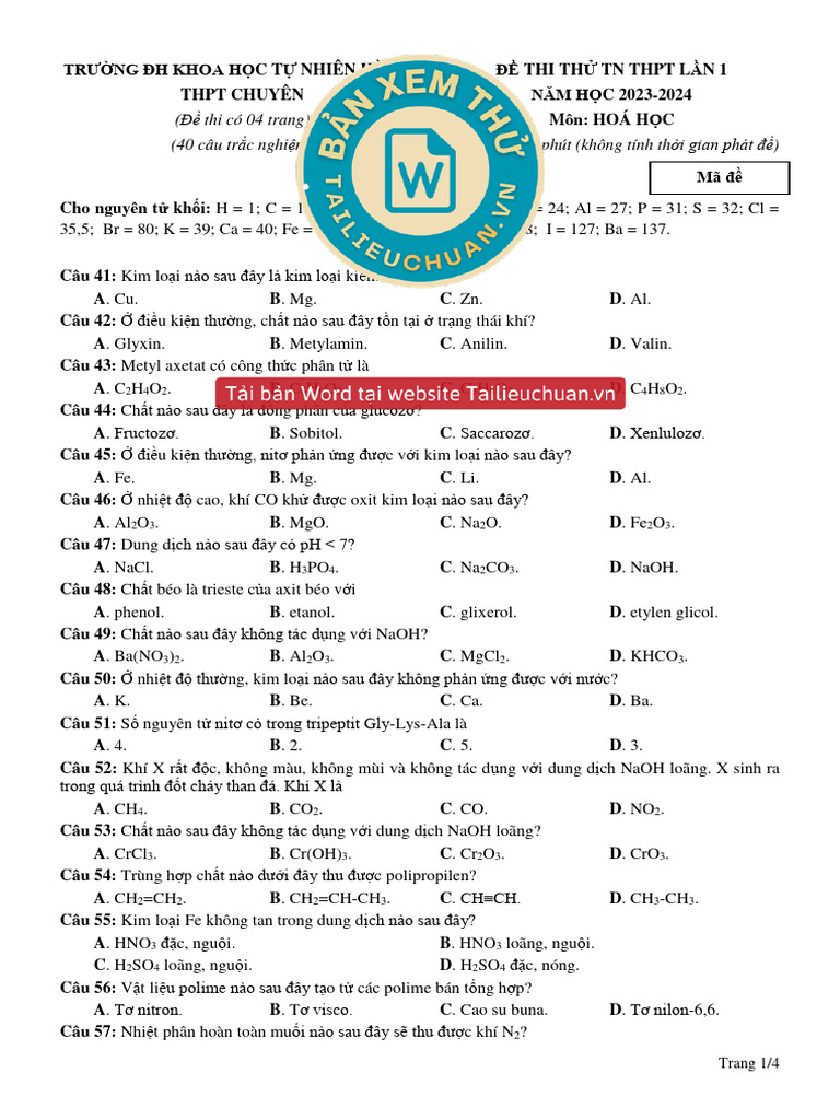 16. (TN THPT 2024 Hóa Học) Chuyên KHTN Hà Nội (Lần 1) .Image.Marked | PDF