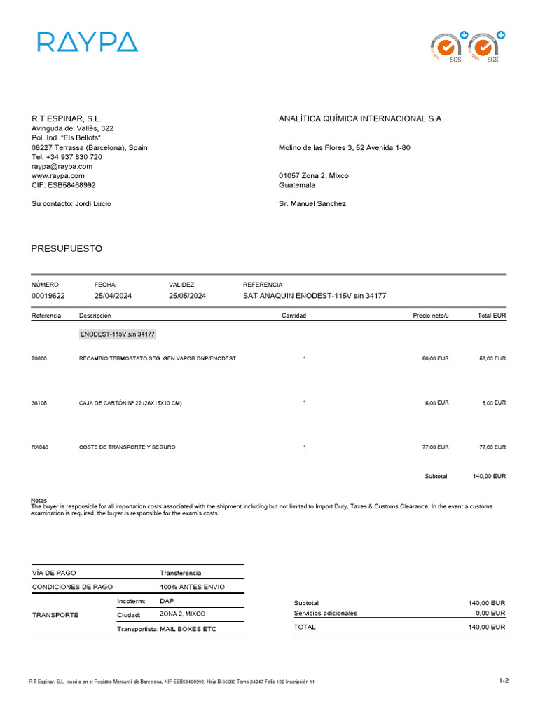 Quote 00019622 Sat Anaquin Enodest-115v S-N 34177 Anaquin Guatemala | PDF