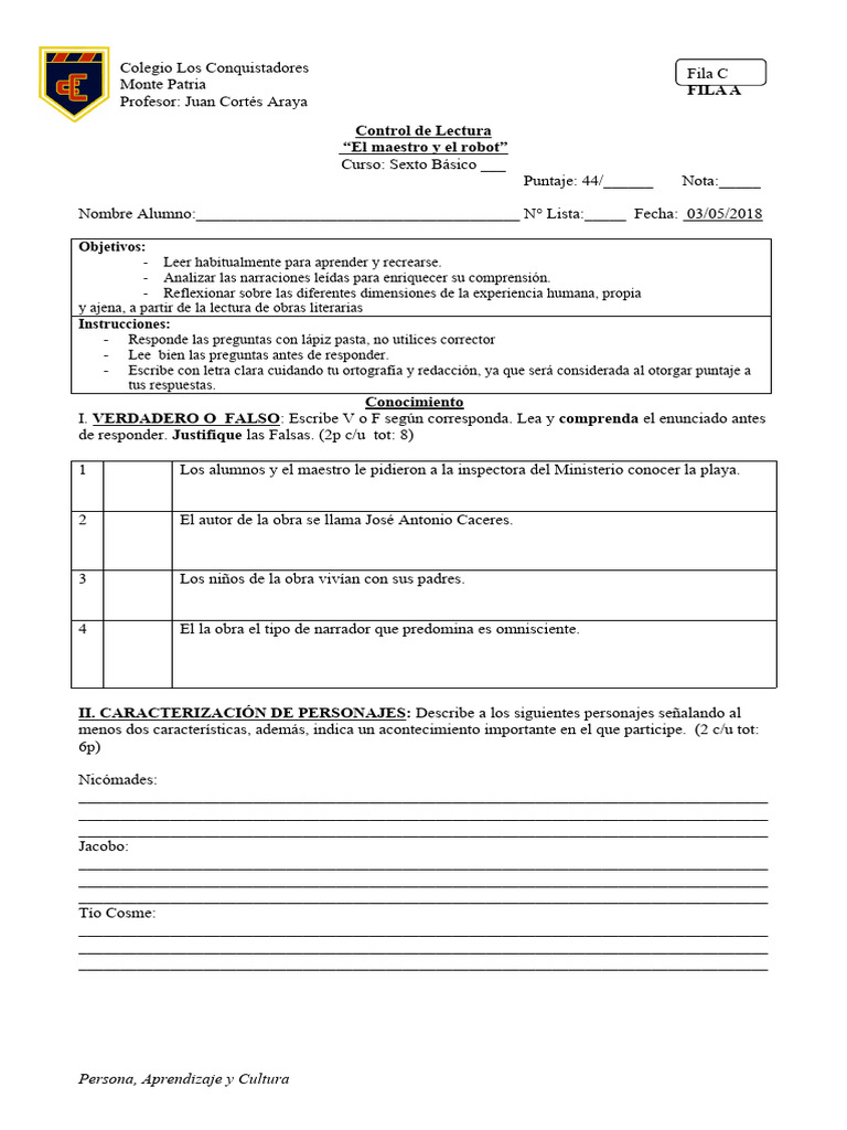 Prueba 6° El Maestro y El Robot FC | PDF