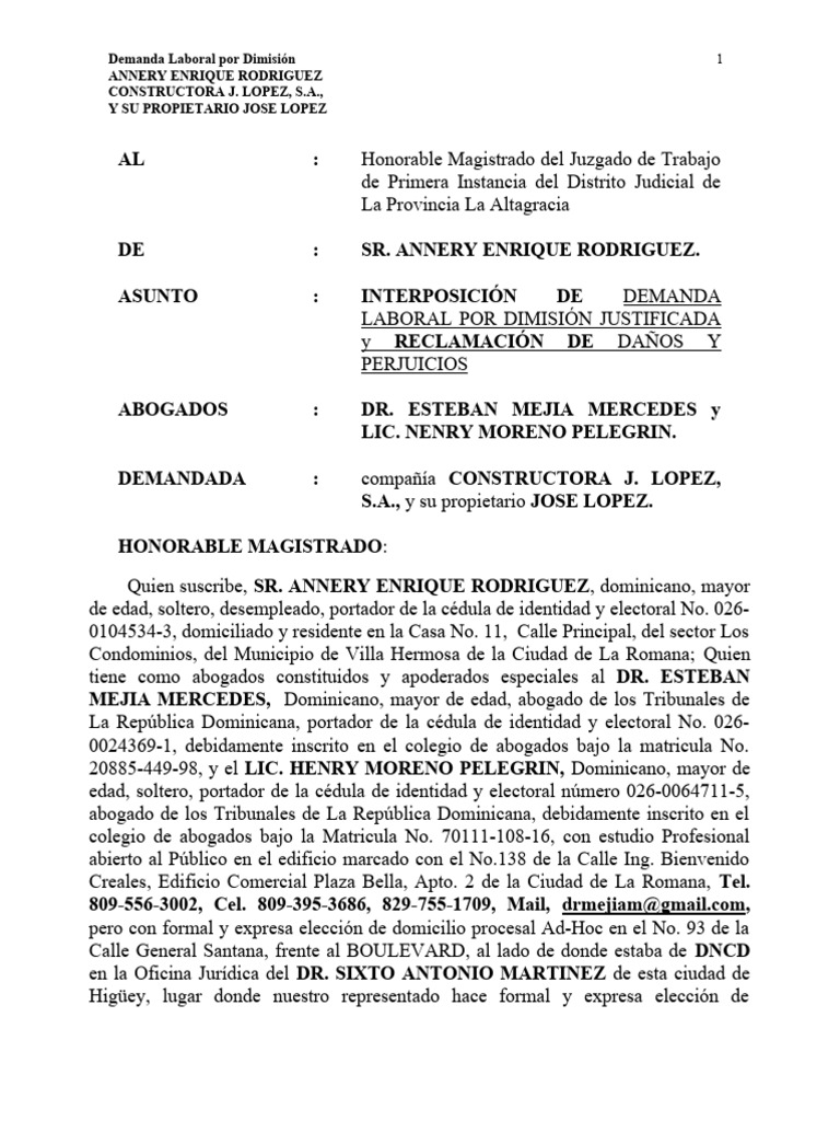 Dimisión y Demanda Laboral por Violaciones | PDF | Derecho laboral ...