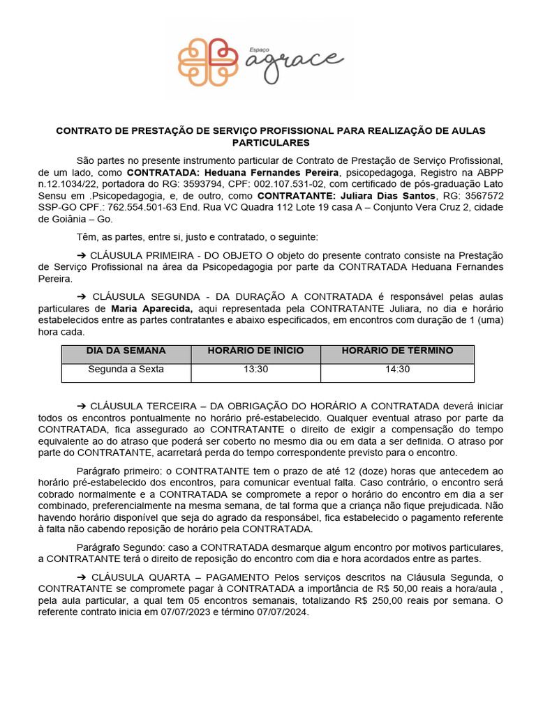 Modelo de Contrato Aulas Particulares | PDF