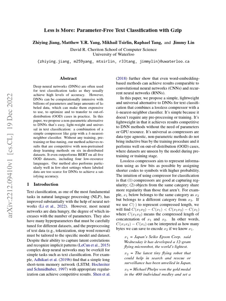 Less Is More: Parameter-Free Text Classification With Gzip | PDF | Deep Learning | Data Compression
